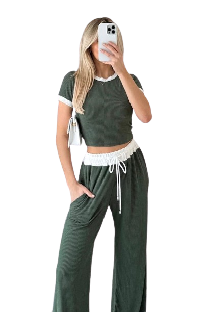 Ladies two piece Women's ribbed contrast cap sleeve crop top trouser Co ...