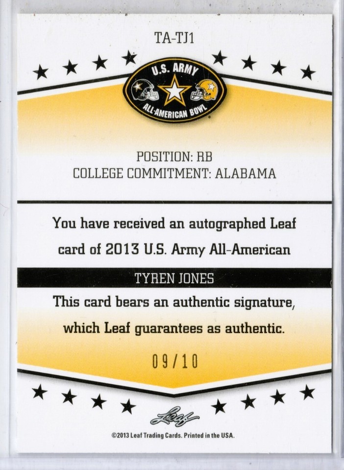 2013 TYREN JONES Leaf Army All-American Bowl Tour Autographs RED Ink ...