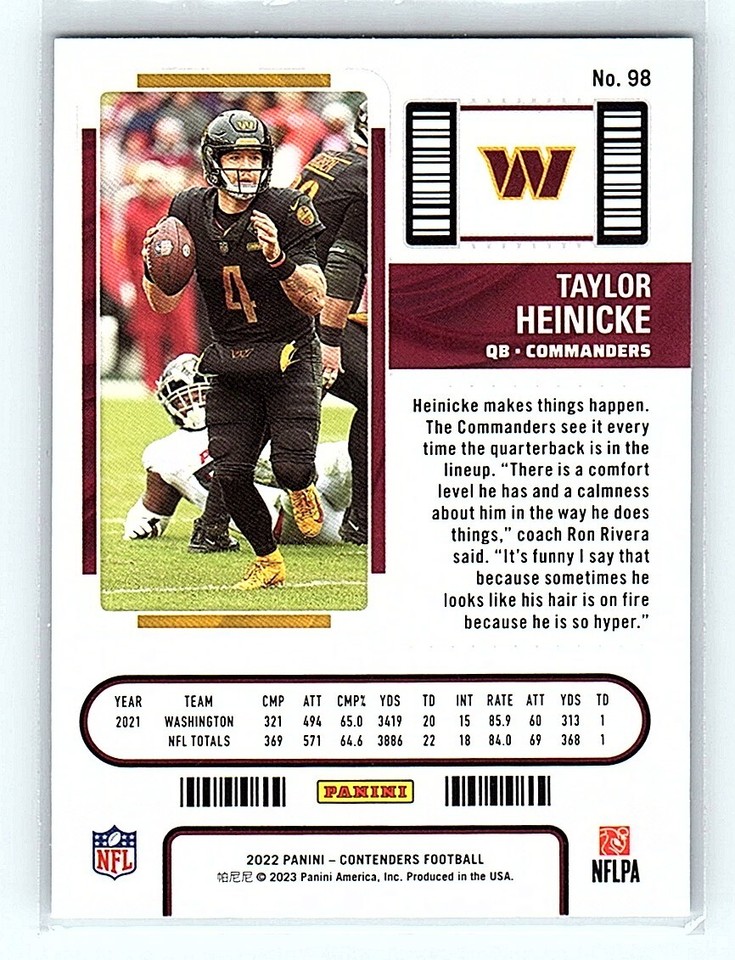 2022 Panini Contenders Season Ticket Taylor Heinicke Washington ...