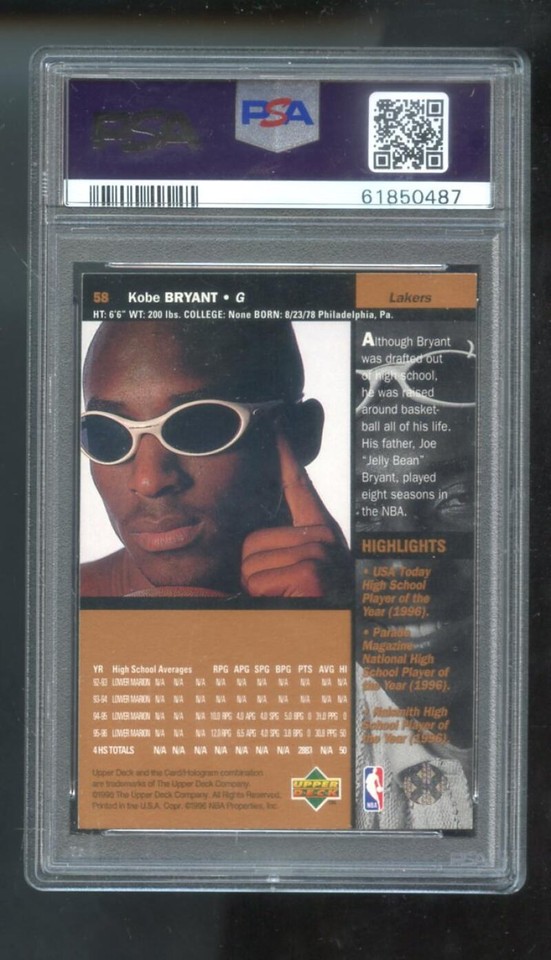 1996-97 Upper Deck #58 Kobe Bryant ROOKIE RC PSA 6 Graded Card NBA 96 ...