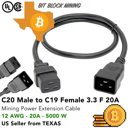 Mining Power Extension Cable C20 M to C19 F Heavy Duty Cord 3.3 ft - 12 ...