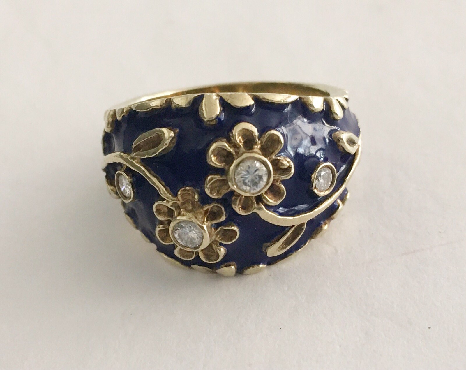 Antique Vintage 14k Blue Enamel Ring With Flowers & D… - Gem