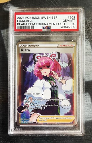 Pokemon PSA 10 GEM MT Klara SWSH302 Full Art 2023 Prm. Tourn. Coll. Box ...