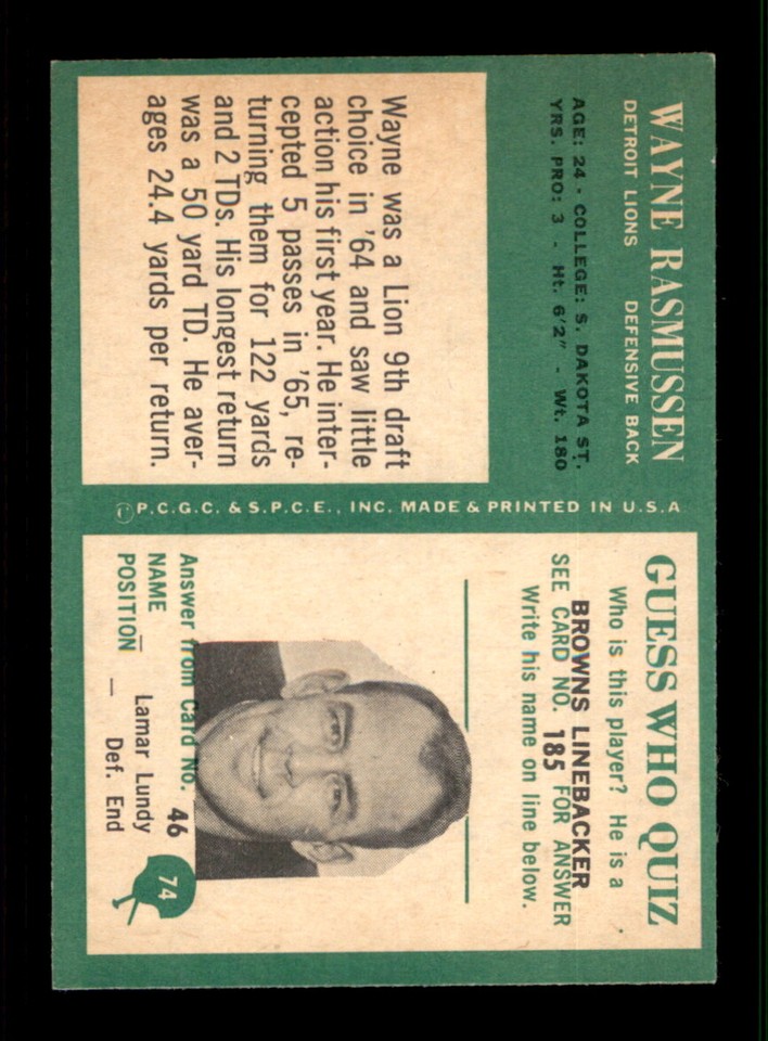 1966 Philadelphia #74 Wayne Rasmussen | eBay