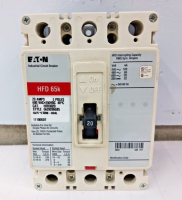EATON 20 AMP CIRCUIT BREAKER 3 POLE 600 VAC HFD3020 | eBay