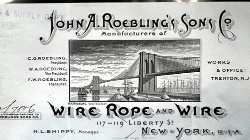 JOHN ROEBLING SONS Co RAILROAD TELEGRAPH WIRE ROPE DOCUMENT BROOKLYN ...