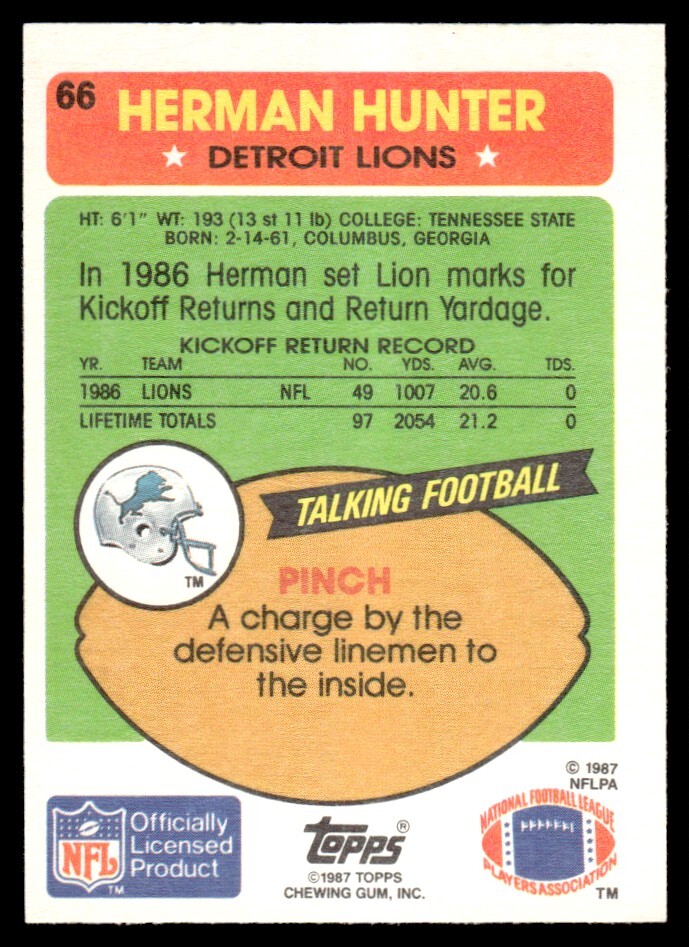 1987 TOPPS AMERICAN/UK HERMAN HUNTER E DETROIT LIONS #66 | eBay
