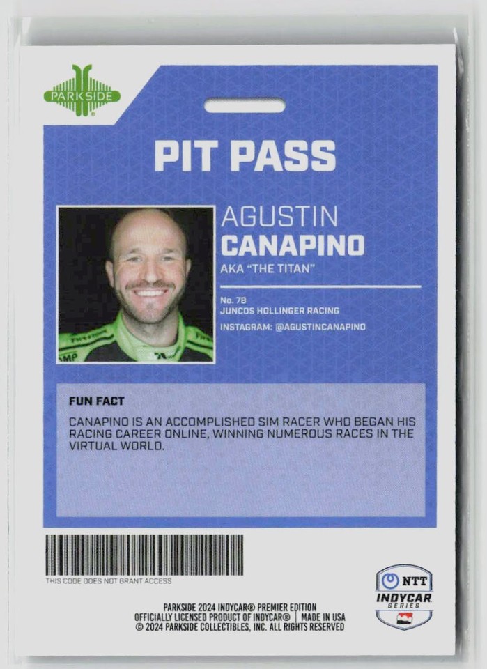 2024 Parkside IndyCar Premier Edition #PP-AC Agustin Canapino Pit Pass | eBay