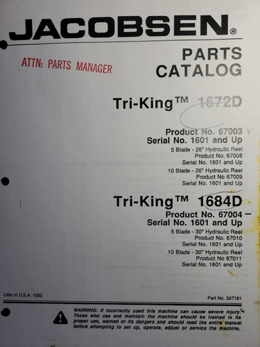 Jacobsen Tri King 1684D 1672D 67004 Riding Reel Lawn Mower Parts ...