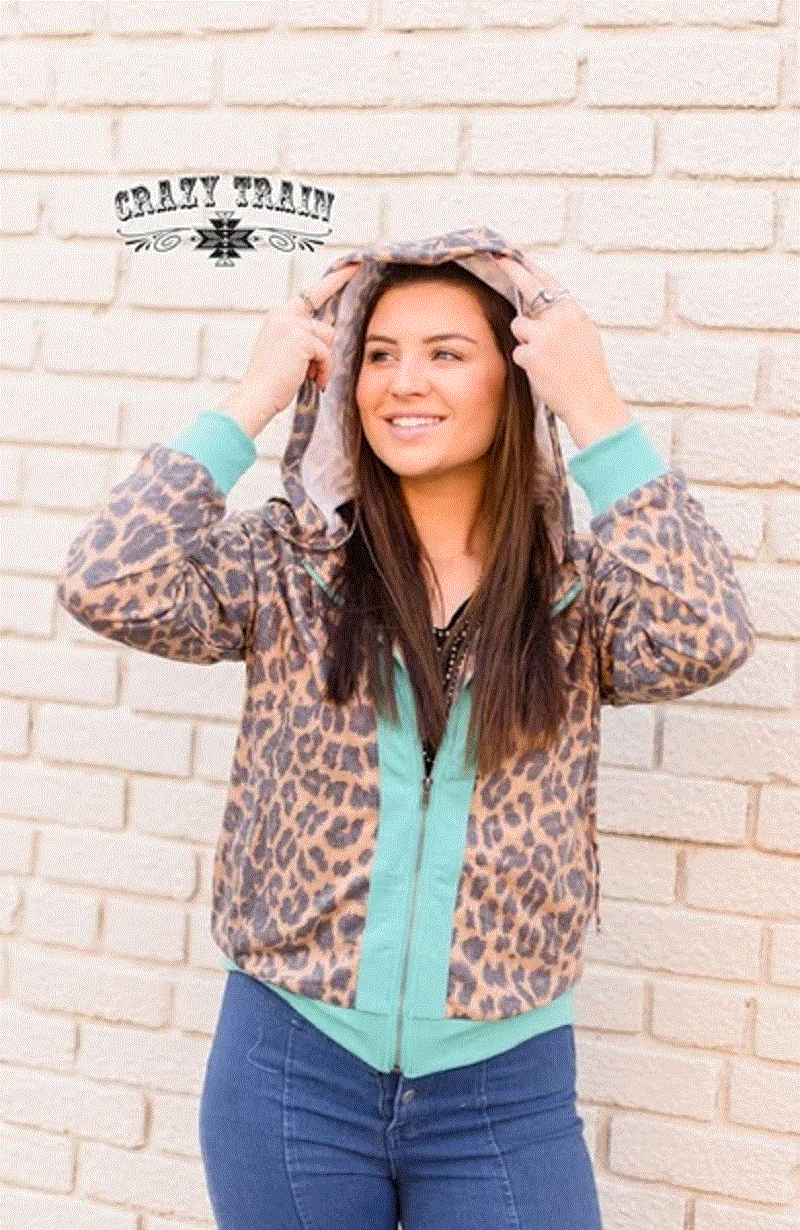 Crazy Train Leopard Cheetah Light Jacket Zip Up Hoodie Coat Turquoise ...