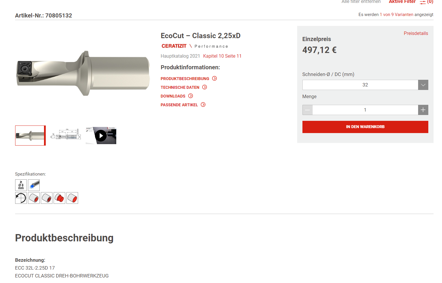 CERATIZIT ECOCUT CLASSIC DRILL, BORE AND TURN TOOL ECC 32L-2.25D 17 NEU ...