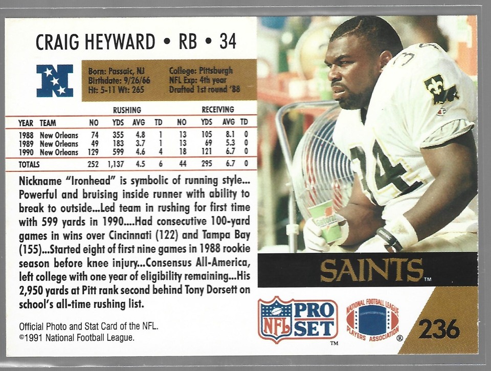 1991 Pro Set Football Craig Heyward #236 New Orleans Saints | eBay