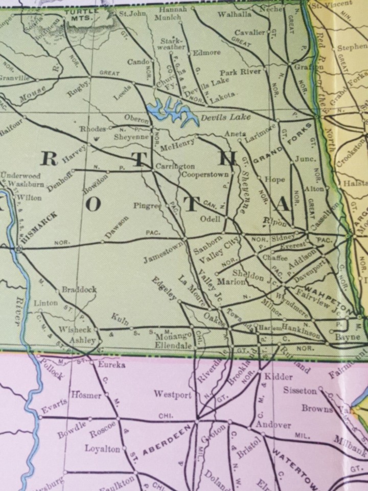 1907 train route map NORTH SOUTH DAKOTA MINNESOTA 9"x 11" all railroad lines | eBay