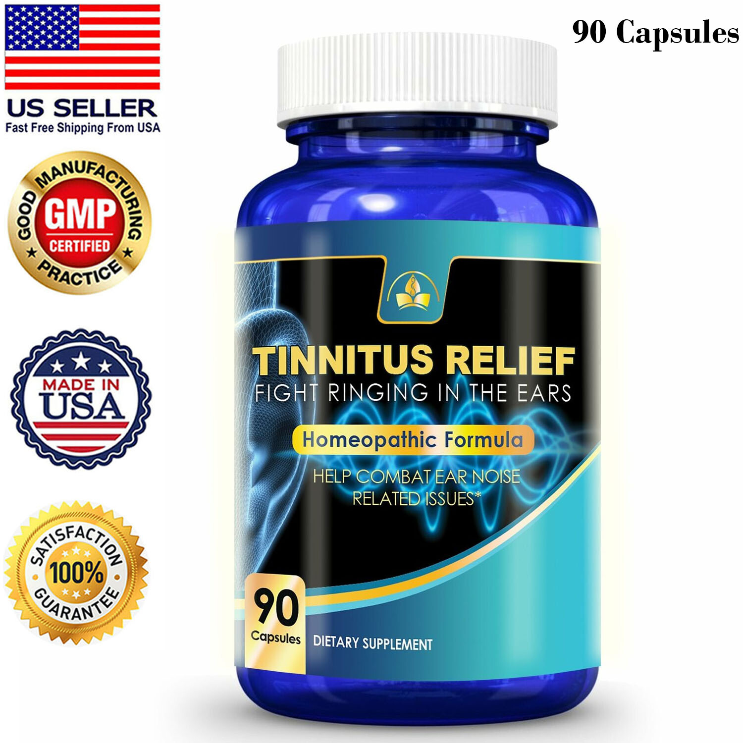 Tinnitus Relief Supplement Fight Ear Ringing Natural Hearing Support 90 ...