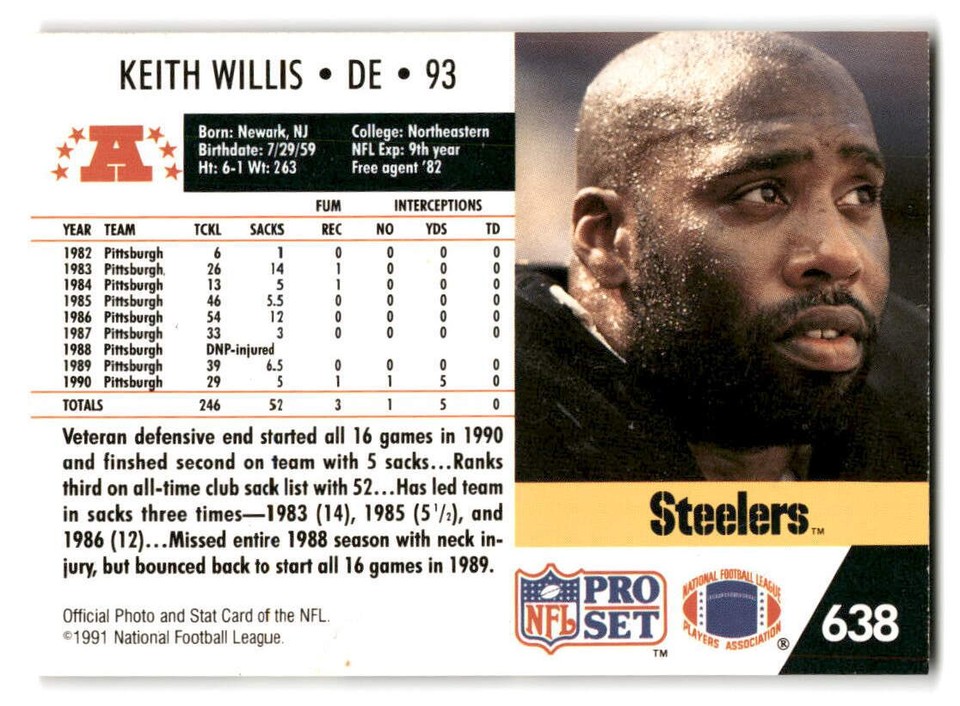 Keith Willis 1991 Pro Set #638 Pittsburgh Steelers FOOTBALL | eBay