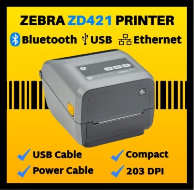 Zebra ZD421 Label Printer w/ Power Cable, 203 dpi, USB, Bluetooth ...
