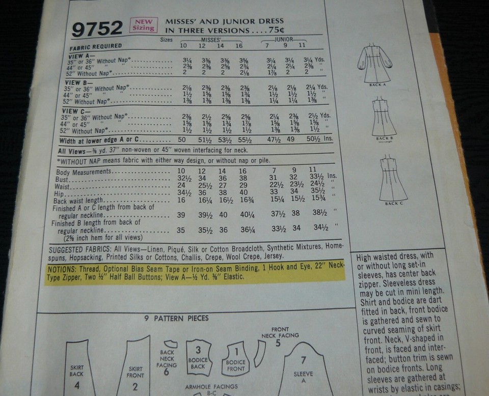 Vintage 1970s McCalls Sewing Pattern #9752 High Waisted Dress Size 14 ...