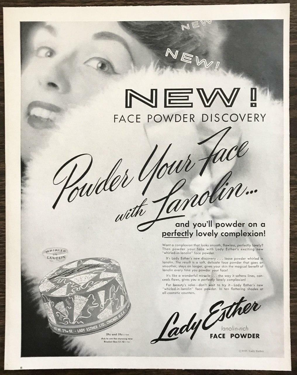 1955 Lady Esther Face Powder PRINT AD Powder Your Face With Lanolin | eBay