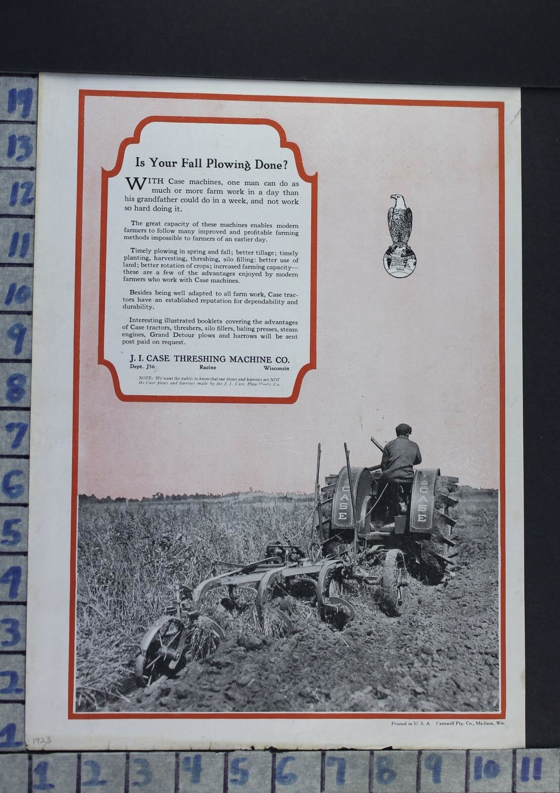 1923 CASE TRACTOR PLOUGH RACINE FARM AGRICULTURE MACHINERY VINTAGE AD ...