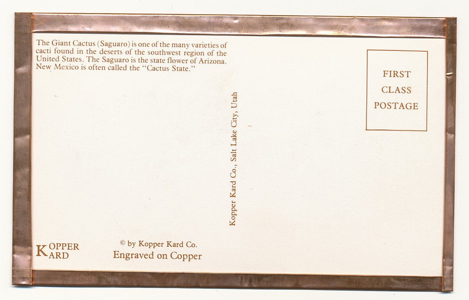 AZ / NM * Saguaro Cactus Copper Post Card ca. 1980 * Kopper Kard Co. | eBay