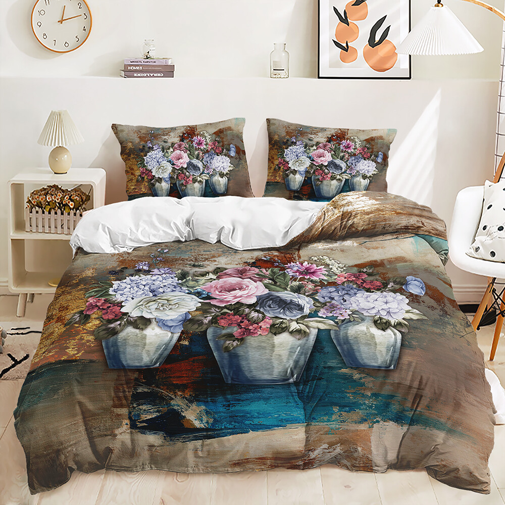 Floral Vase Retro Doona Quilt Duvet Cover Bed Set Single Double Queen ...