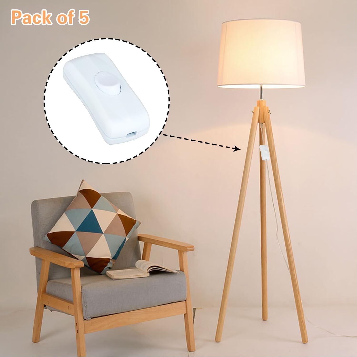 5-Pack Inline Cord Switch, White Button On/Off, 2A 250V for LED Lamp ...