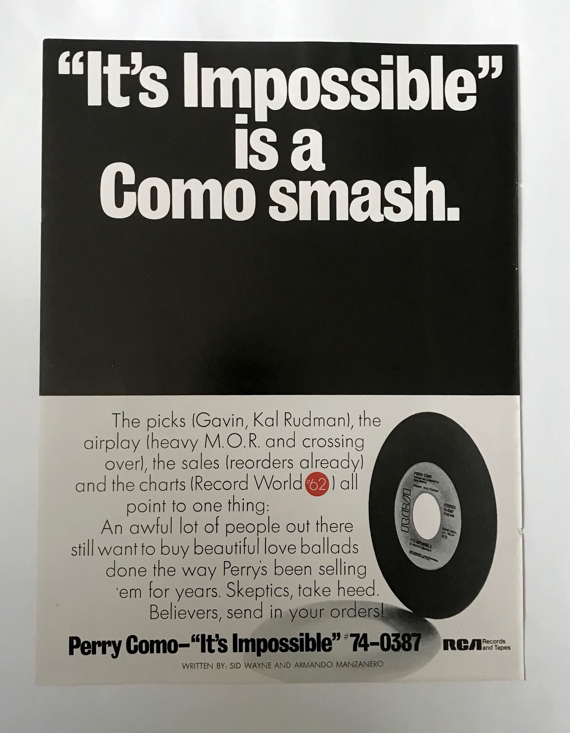 Perry Como It's Impossible 1970 Short Print Small Poster Type Ad, Promo ...