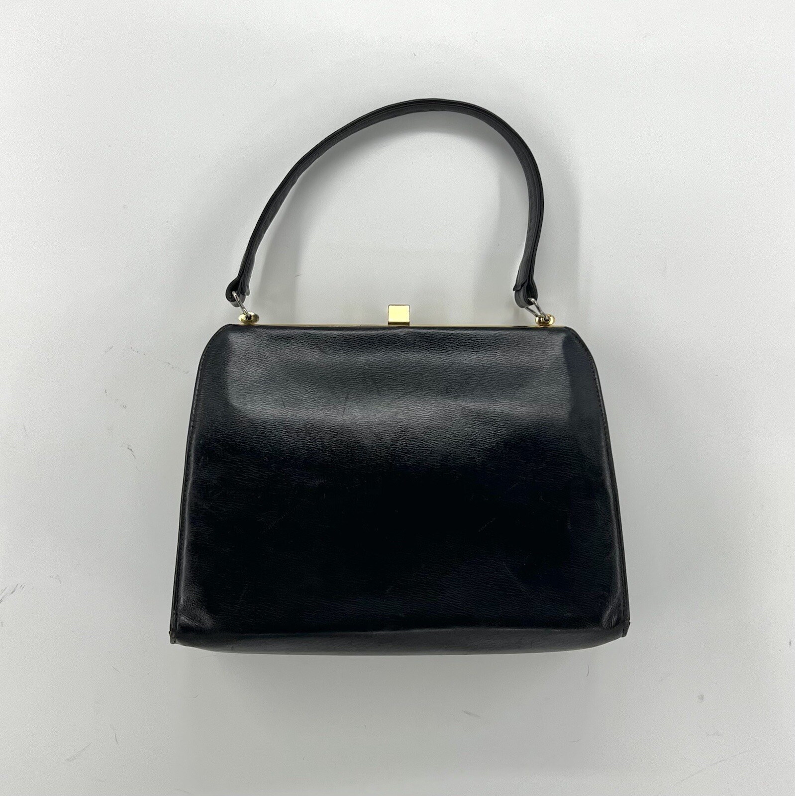 Vintage Leather Kelly Hand Bag 50s 60s Navy Black Gold Mods Gold Clasp ...