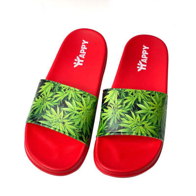 Green Weed Leaf Print Red Slide Sandals/ Flip Flops | eBay