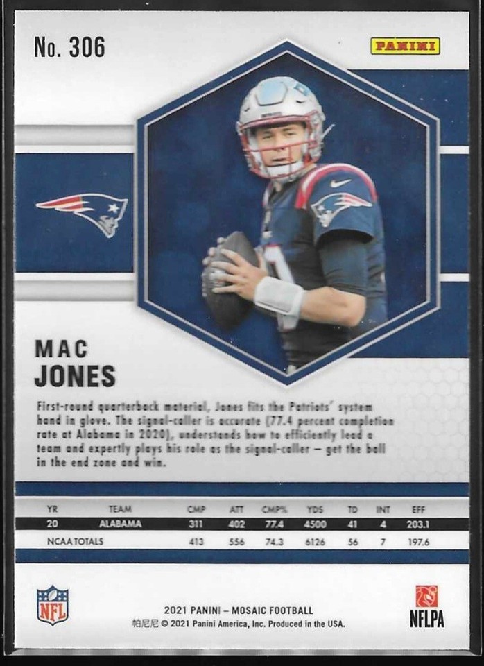 MAC JONES $80++ PATRIOTS QB ROOKIE CARD #306 1ST RC 2021 PANINI MOSAIC ...