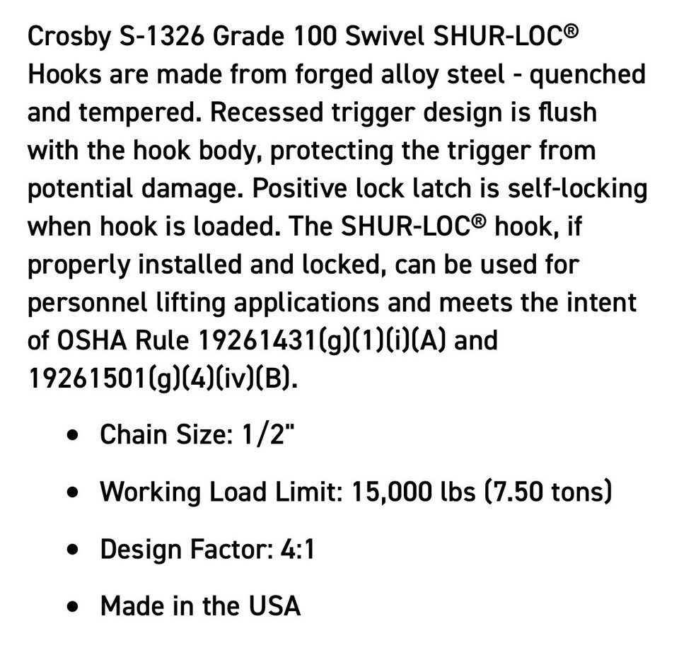 Crosby 1/2" S-1326 Grade 100 Alloy Swivel SHUR-LOC® Hook | eBay