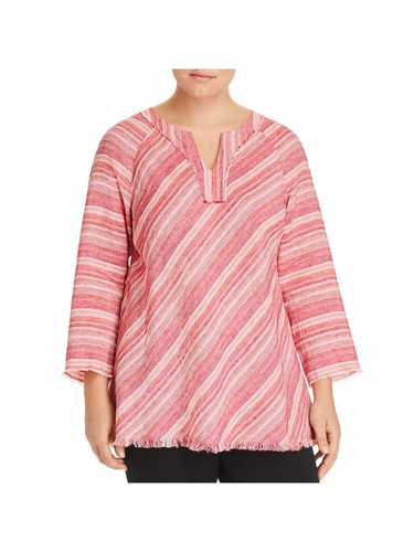 NIC+ZOE Womens Red Fringed Pleated Split Neck 3/4 Sleeve Tunic Top Plus ...