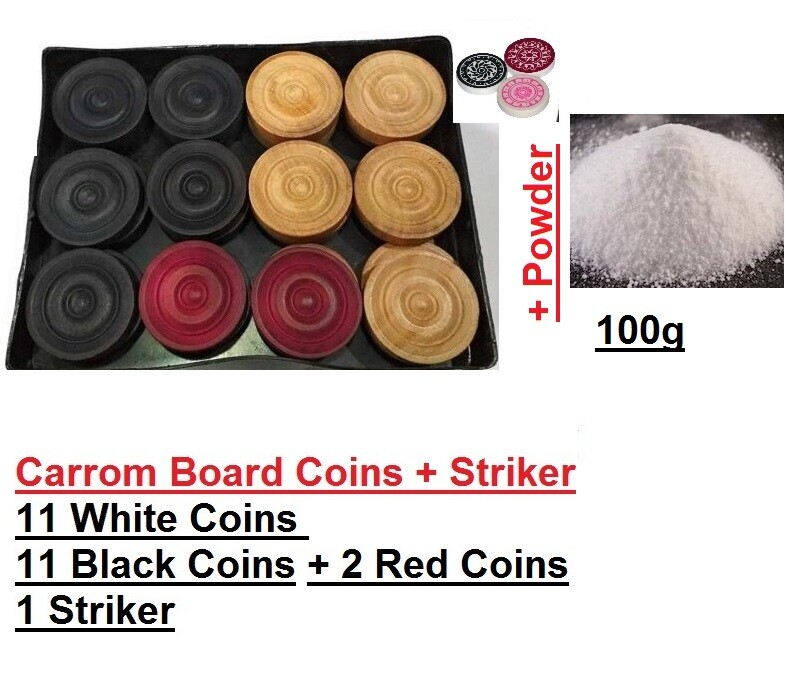 100g Powder + Carrom Board Coins 24 pack Box, Striker, Carom Indian ...