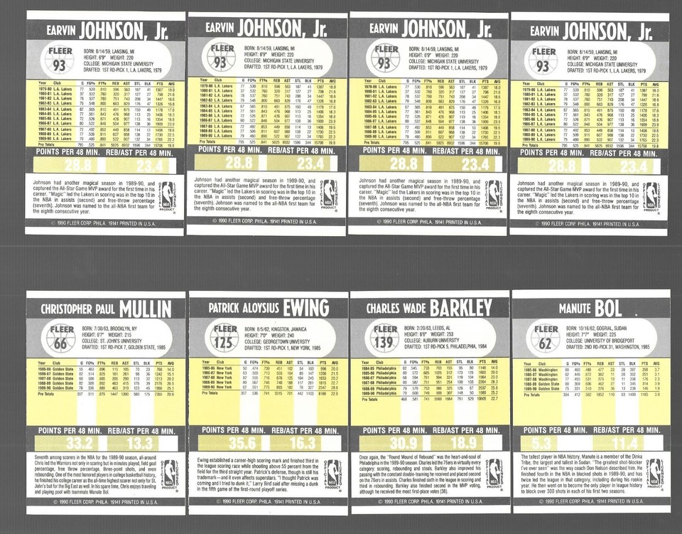 1990 FLEER MAGIC JOHNSON CHARLES BARKLEY PATRICK EWING CHRIS MULLIN ...