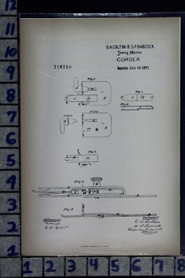 1871 COLTON BABCOCK ADRIAN MICHIGAN SEWING MACHINE CORDER PATENT LITHO ...