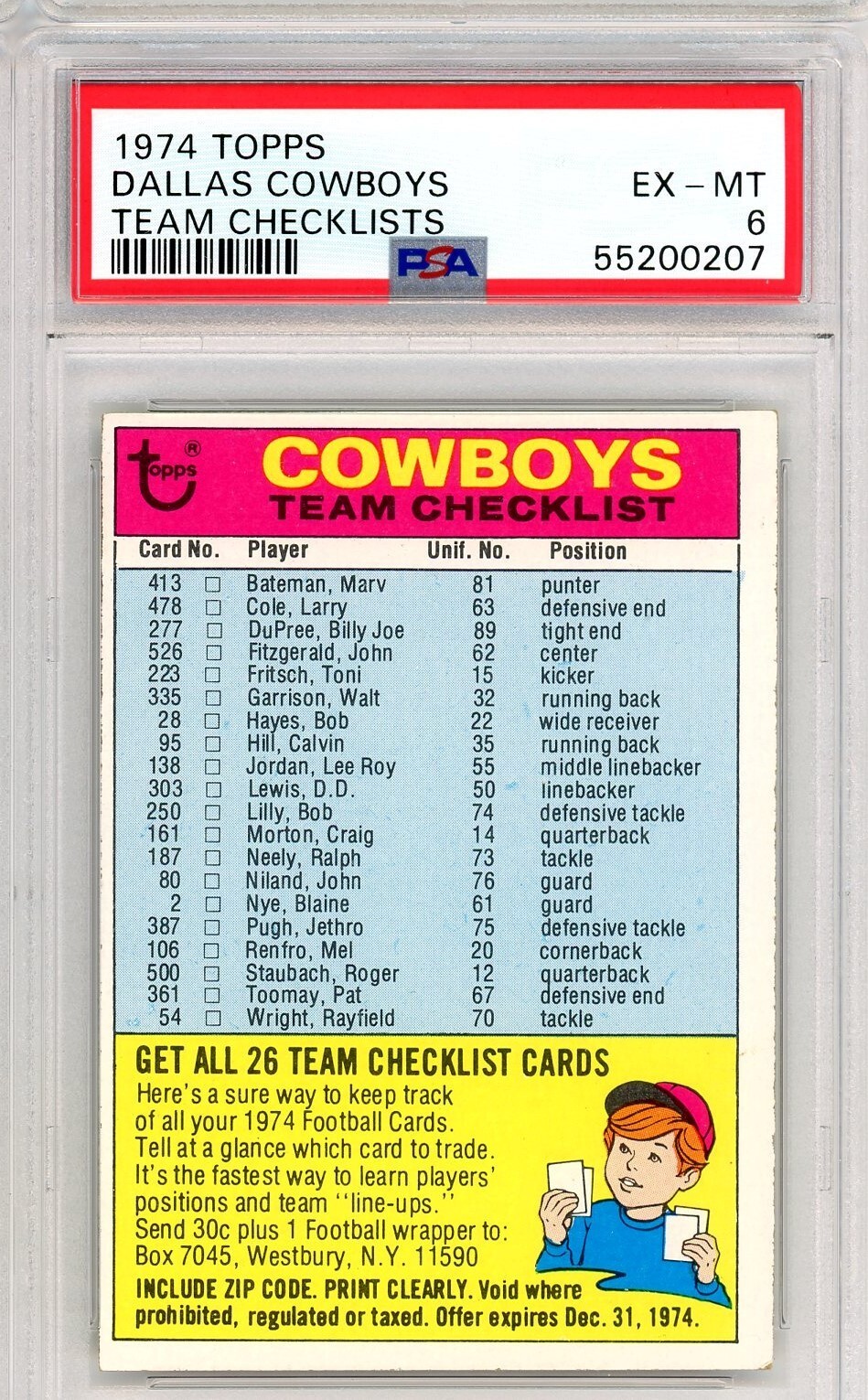 1974 TOPPS Dallas Cowboys TEAM CHECKLISTS - PSA 6 | eBay