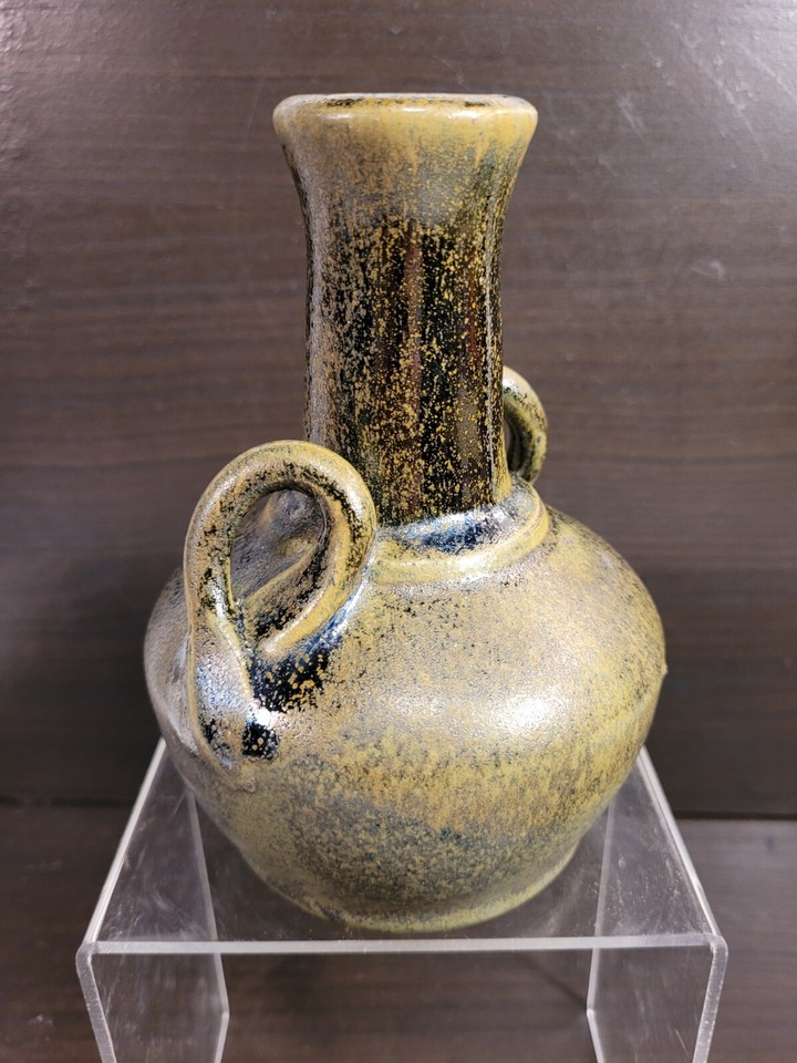 Arts and Crafts Double Leaf Handle 6" Vase Frogskin Glaze Unmarked VGC ...