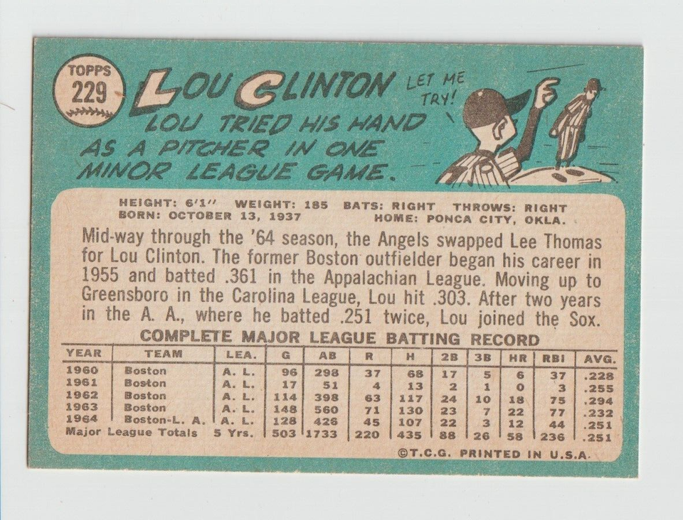 Lou Clinton - 1965 Topps Baseball Card #229 - California Angels | eBay