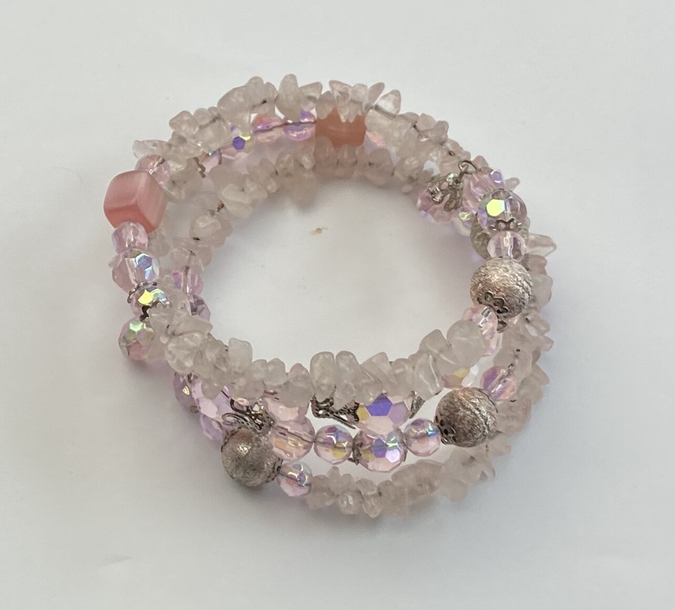 Re-Purposed Bracelet Gently Used wrap style pink glass stone metal bead ...