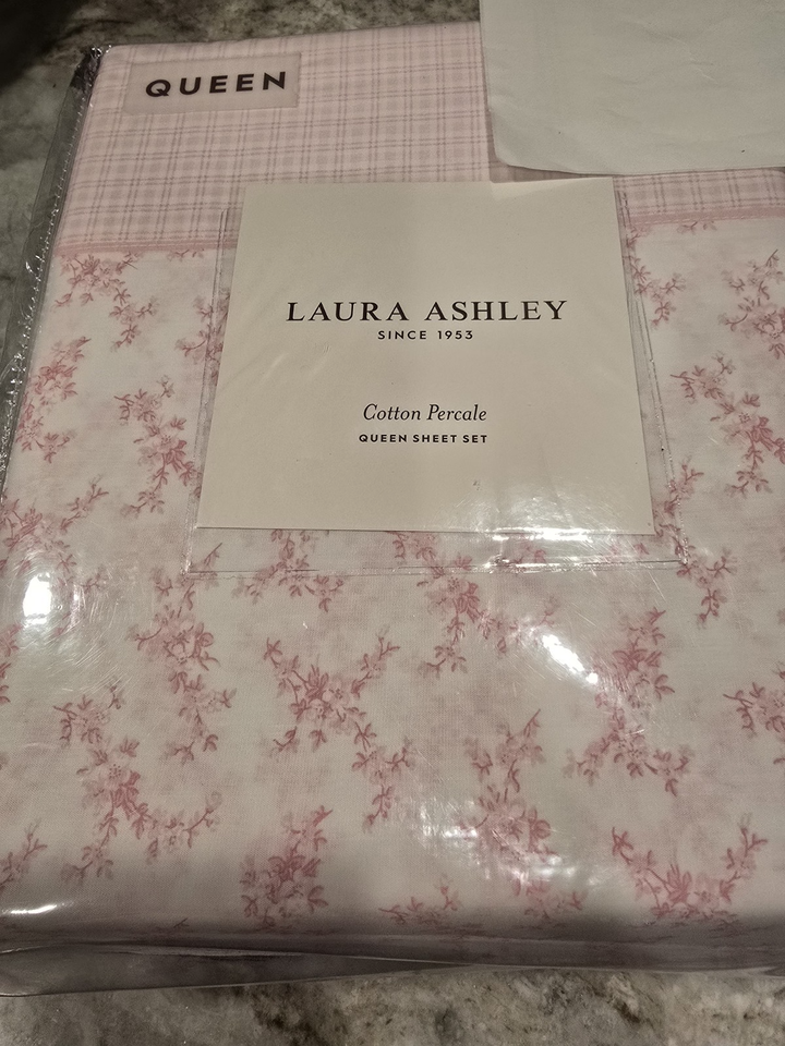 Laura Ashley Twin Sheet Set Pink White Floral w/Border Cottage Cotton ...