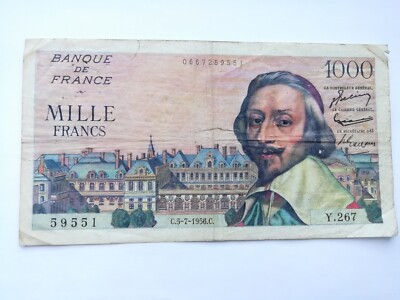 Banque de France 1000 Mille Franc Francs 1956 Richelieu Note Banknote ...