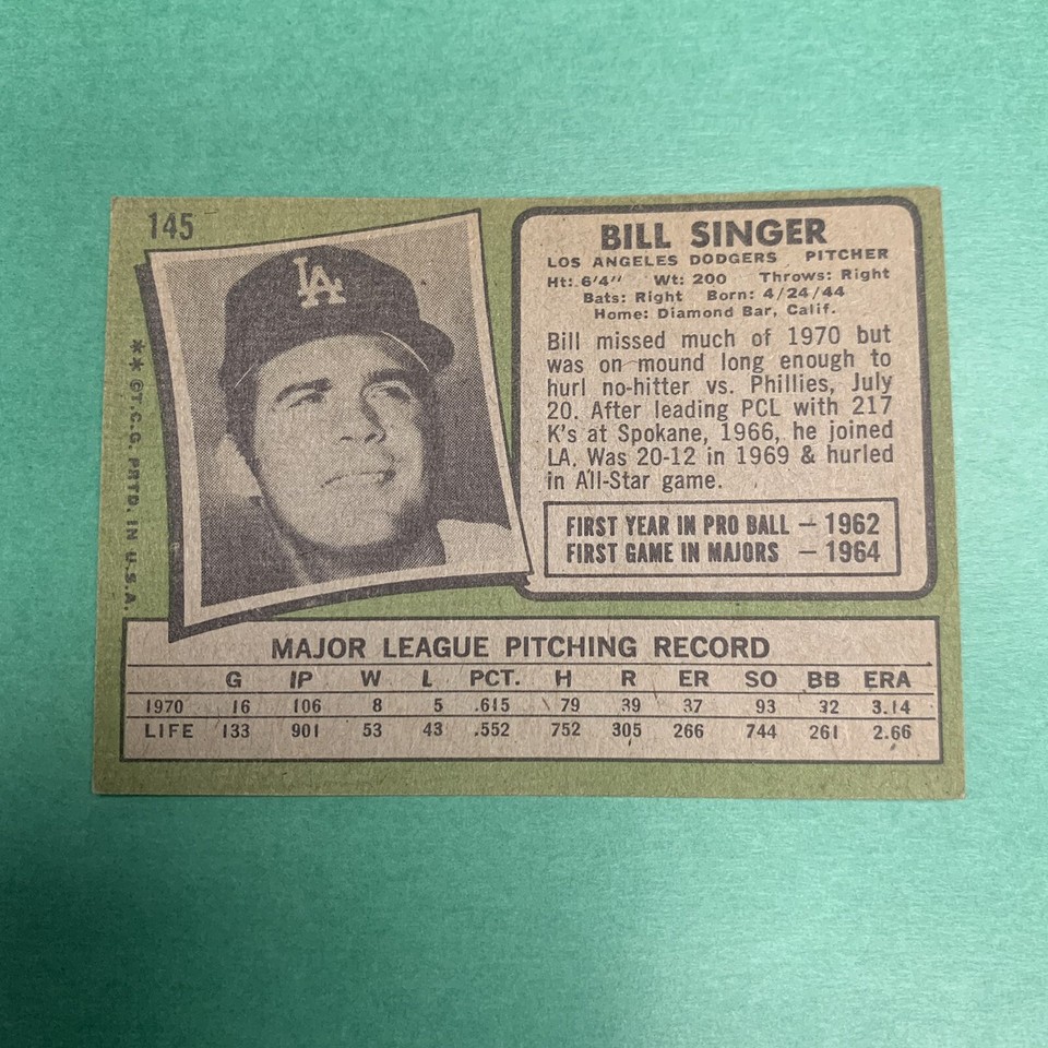 1971 Topps Bill Singer # 145 Los Angeles Dodgers Baseball Card LA | eBay