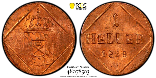 1829 German States Bavaria Heller, PCGS MS 65 RB, KM-679, Germany ...