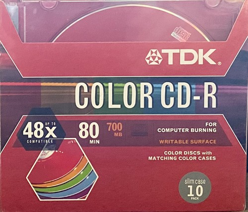 TDK Color CD-R 48X 80min 700MB 10 Pack New In Package Color CDs & Cases ...