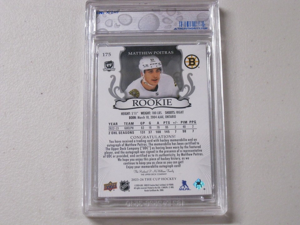 2023-24 Upper Deck The Cup Rookie PATCH Auto RPA #175 Matthew Poitras ...
