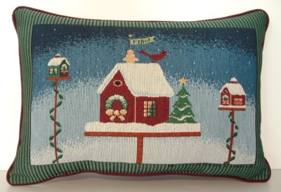 Warren Kimble- Decorated Christmas Bird Houses, Sign "PEACE" Tapestry ...