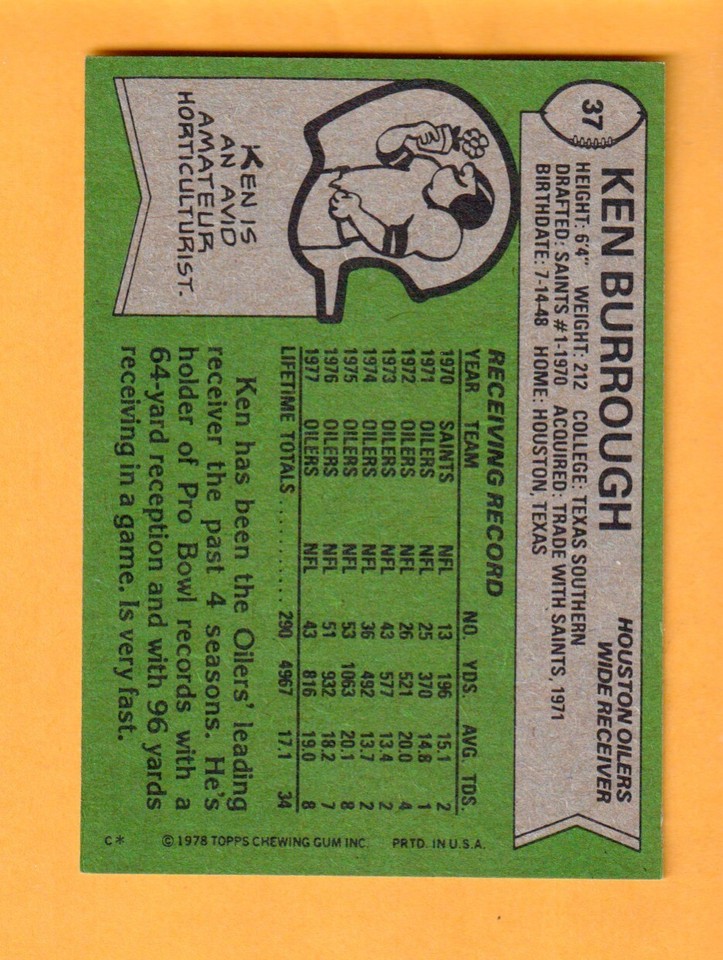 Ken Burrough Houston Oilers 1978 Topps #37 Texas Southern | eBay