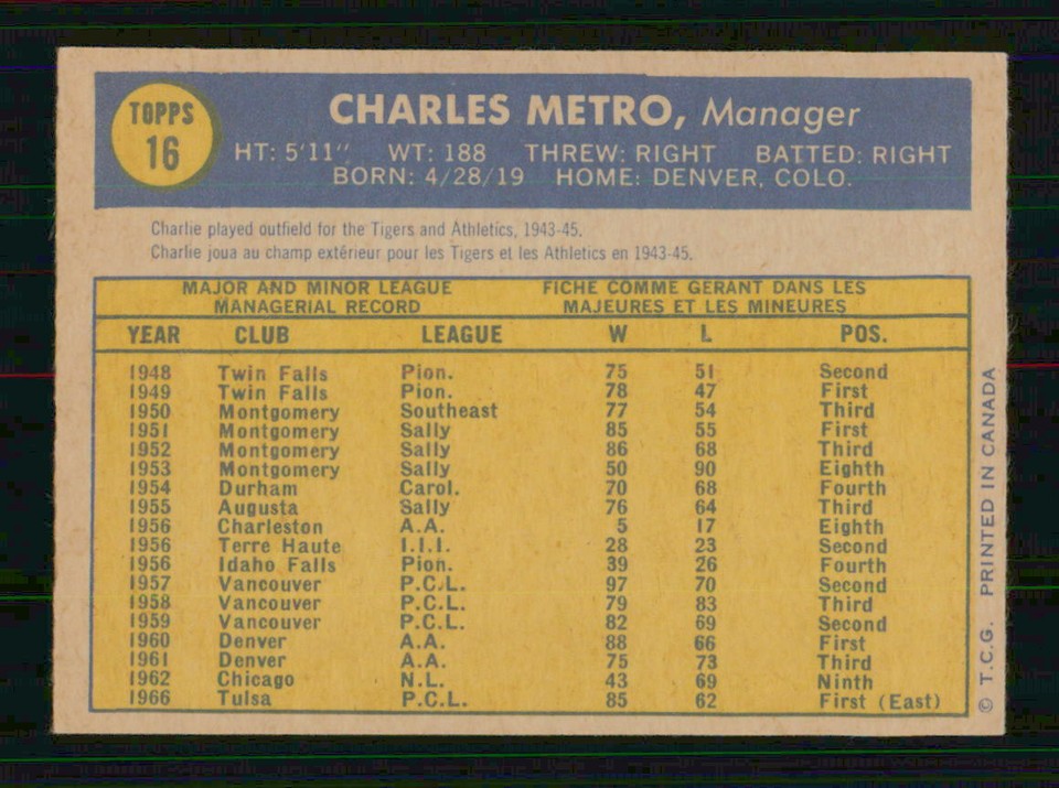 1970 OPC O-PEE-CHEE BASEBALL # 16 CHARLIE METRO 16213 | eBay
