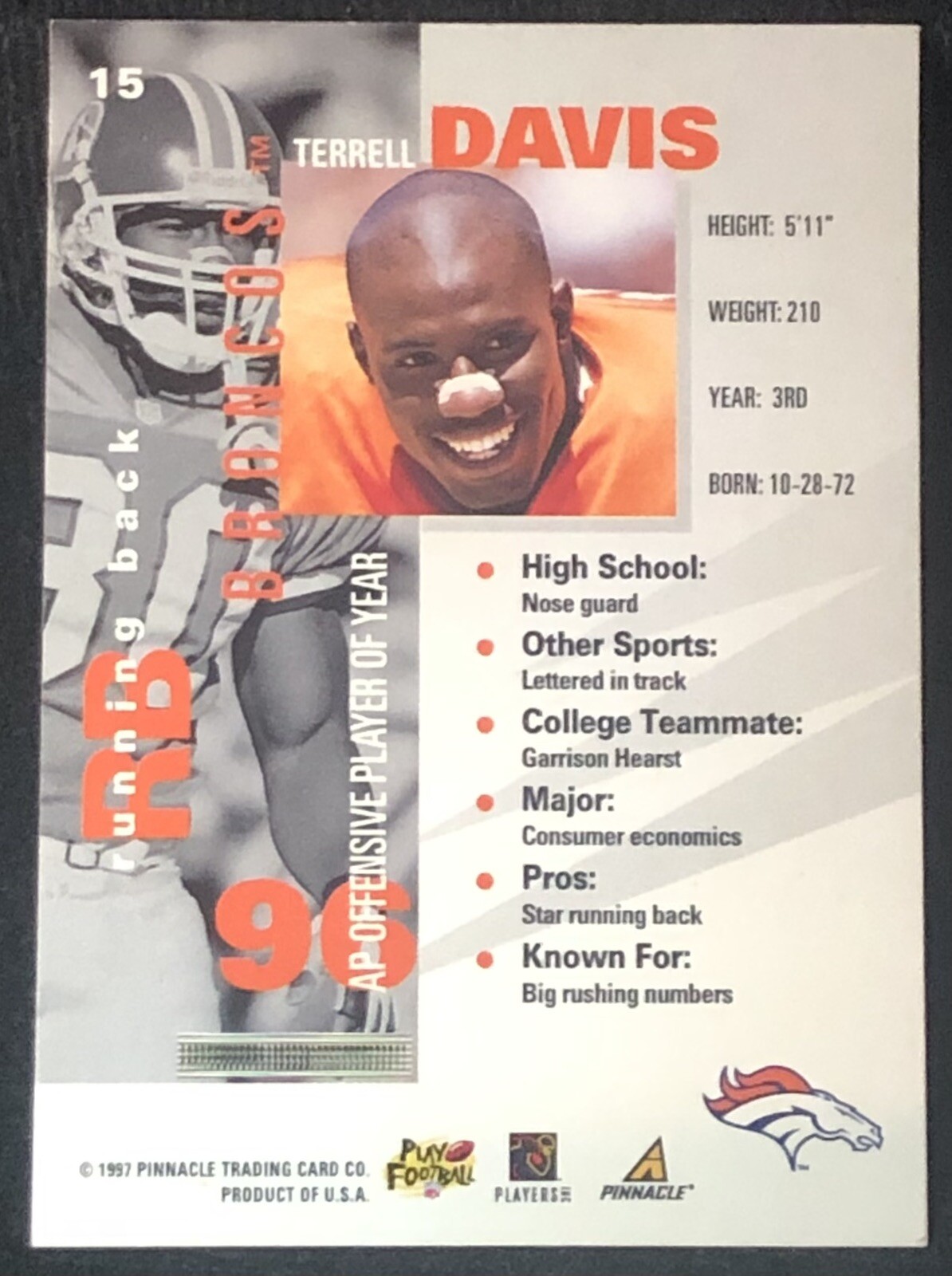 1997 Pinnacle Inside Football Card #15 Terrell Davis | eBay