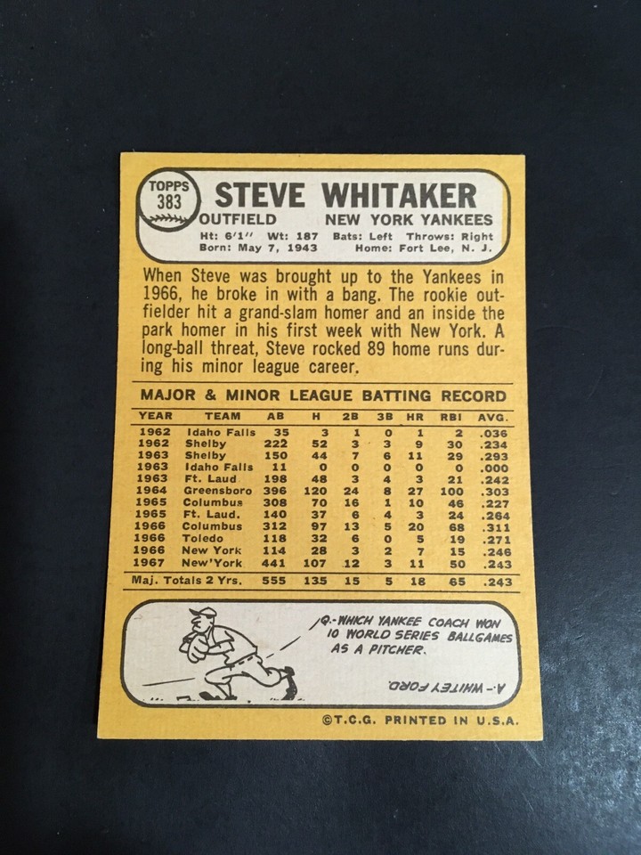 1968 TOPPS STEVE WHITAKER, #383, NM/MT (Free Shipping On Any 3!) | eBay